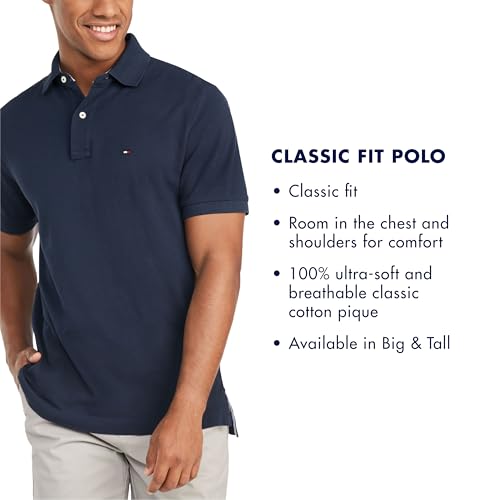 Tommy Hilfiger Mens Short Sleeve Cotton Pique in Classic Fit Polo Shirt, Federal Blue, Large US