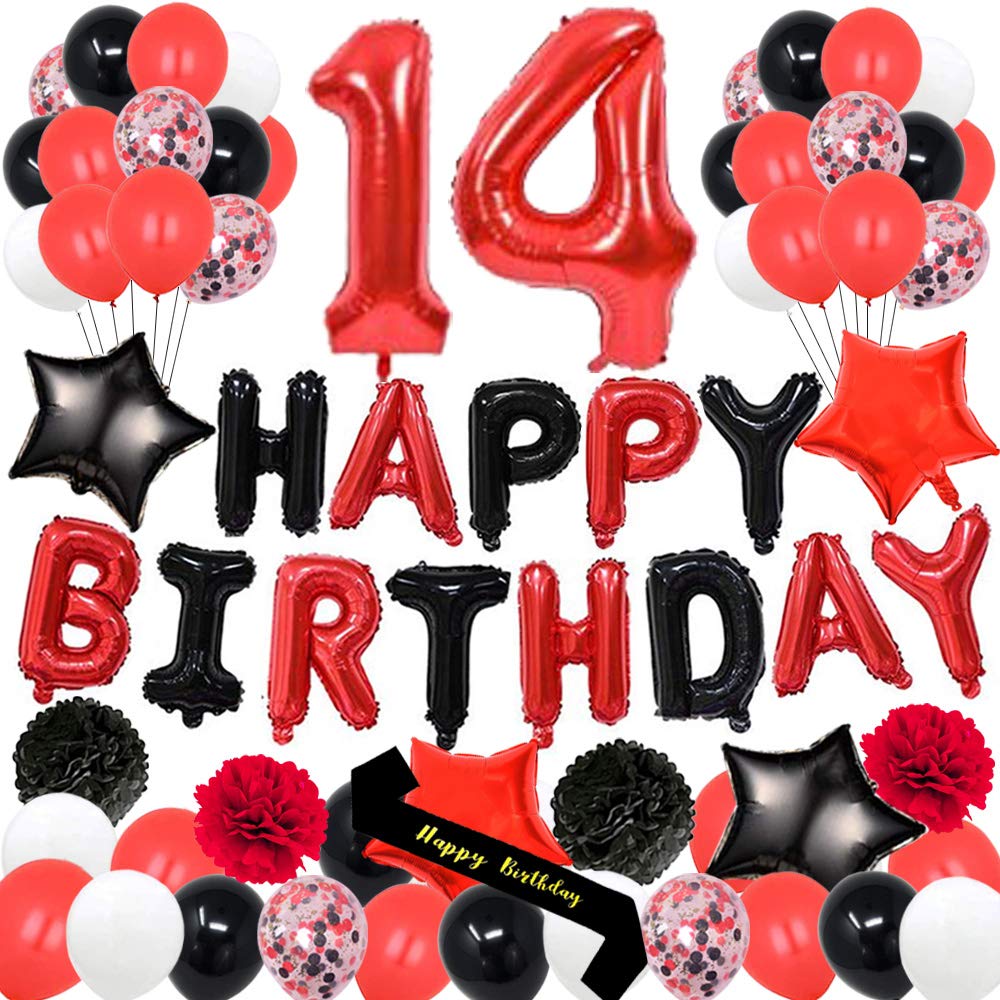yujiaonly 14th Birthday Party Decorations-Happy Birthday Foil Ballons Banner Red Number 14 Happy birthday Sash Latex Balloons Perfect for 14 Years Old Party Supplies Balloons Number 14 Red