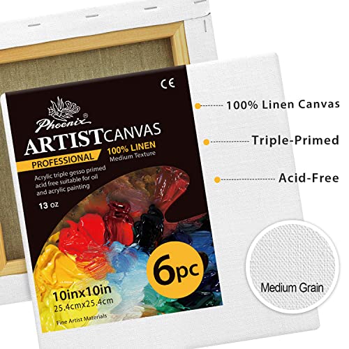 PHOENIX Linen Canvas for Painting, 10x10 Inch/6 Pack - 3/4 Inch Profile, Medium Texture - 13 Oz Triple Primed Blank Heavy Weight Professional Stretched Canvas for Oils, Acrylics, Pastels
