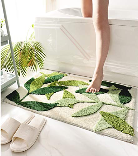 ZGXL Green Leaves Bath Mats Bathroom Rugs Non-Slip Soft Microfiber Absorbent Machine Washable Entrance Doormat for Bathroom Floor Tub Shower 17.5 X 25.5 Inches