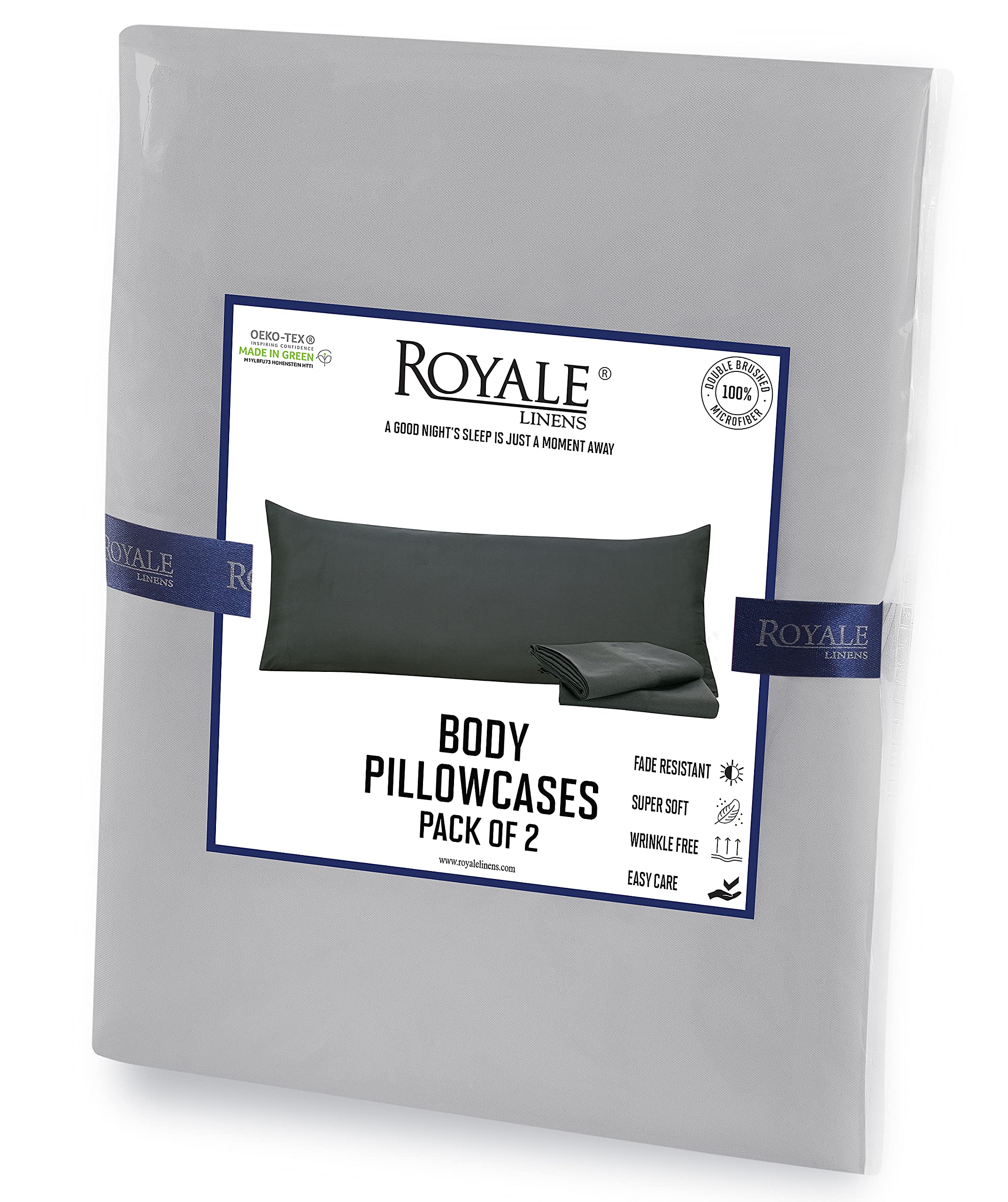 ROYALE LINENS Body Pillow Cover - Double Brushed 1800 Microfiber - 20"x54" with Hidden Zipper Closure - Wrinkle & Fade Resistant - Super Soft Body Pillowcase 2 Pack (Silver, Pack of 2)