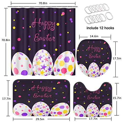 Tayney Easter Eggs Shower Curtain Sets with Toilet Lid Cover and Non-Slip Rugs, Geometric Stars on Background 4 Pcs Shower Curtains for Bathroom, Cute Cartoon Easter Bathroom Decor