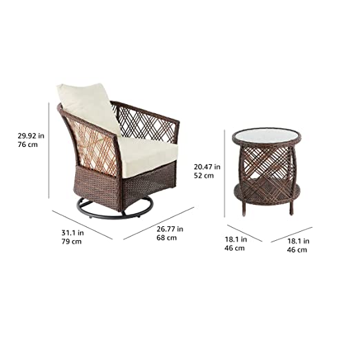 Amazon Brand - Ravenna Home 3-Piece Conversation Bistro Set With Cushioned Swivel Chairs and Table, Weather-Resistant PE Rattan Wicker, Brown