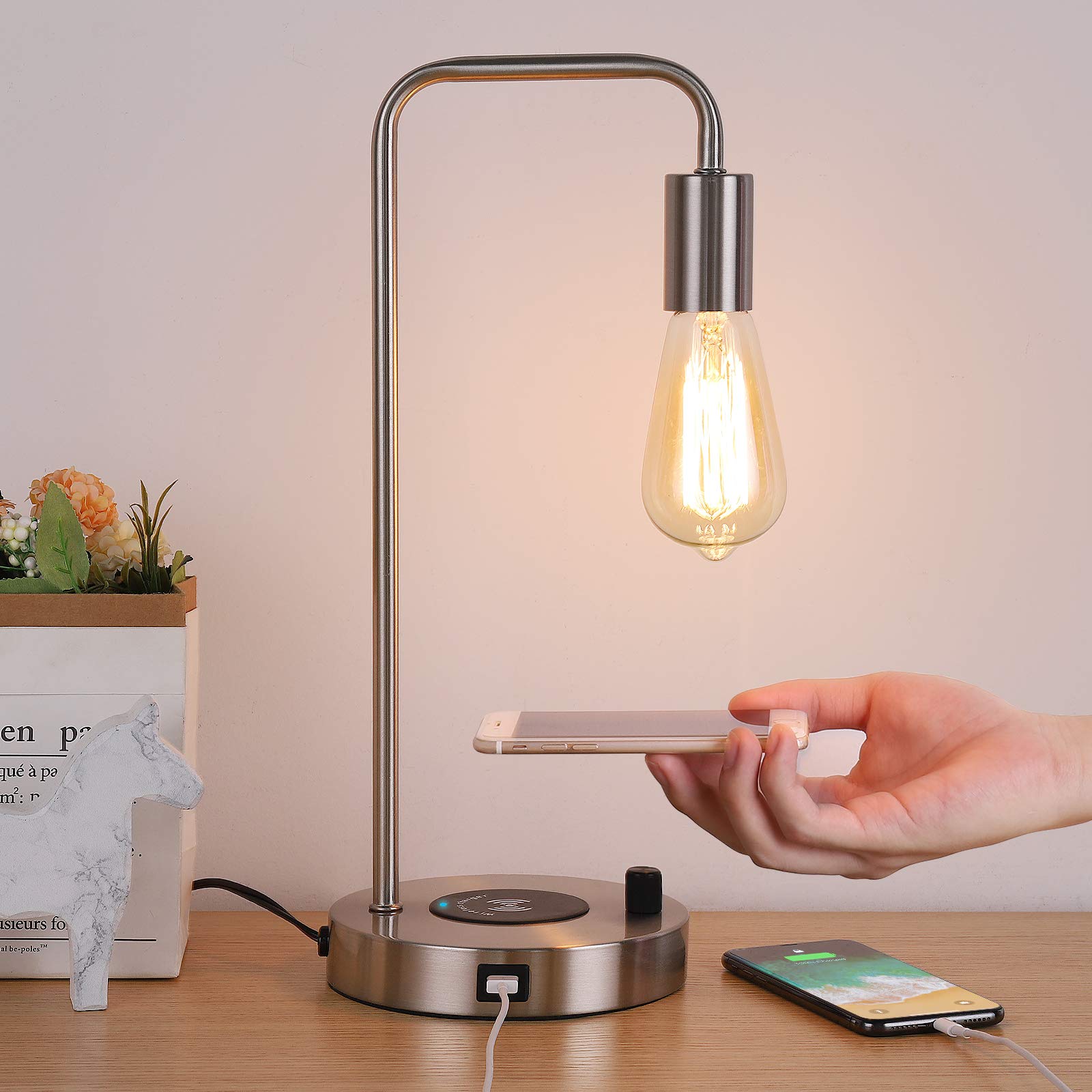 JS NOVA JUNS USB Desk Lamp – Table Lamp with Wireless Charging Pad and USB Port, Edison Bedside Nightstand Lamp with Metal Base for Guestroom Bedroom Living Room Office, Satin Nickel