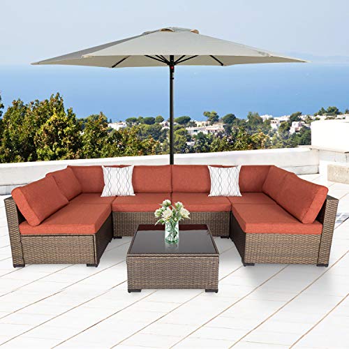 JSUN7 Outdoor Patio Furniture Set, 7 Pieces PE Brown Rattan Wicker Sofa Set, Outdoor Sectional Furniture Conversation Chair Set with Cushions and Tea Table,(Maple Red)