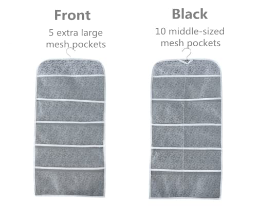 Cafurty Closet Hanging Organizer with Mesh Pockets & Rotating Metal Hanger,Dual Sided Wall Shelf Wardrobe Storage Bags,Oxford Cloth Space Saver Bag for Bra Underwear Underpants Socks -Grey