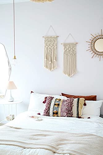 Mkono 4 Pack - 2pcs Hanging Wall Shelf Floating Wood Storage Shelves Leather Strap Swing Organizer, and 2pcs Macrame Woven Wall Hanging Boho Home Chic Bohemian Geometric Art Decor