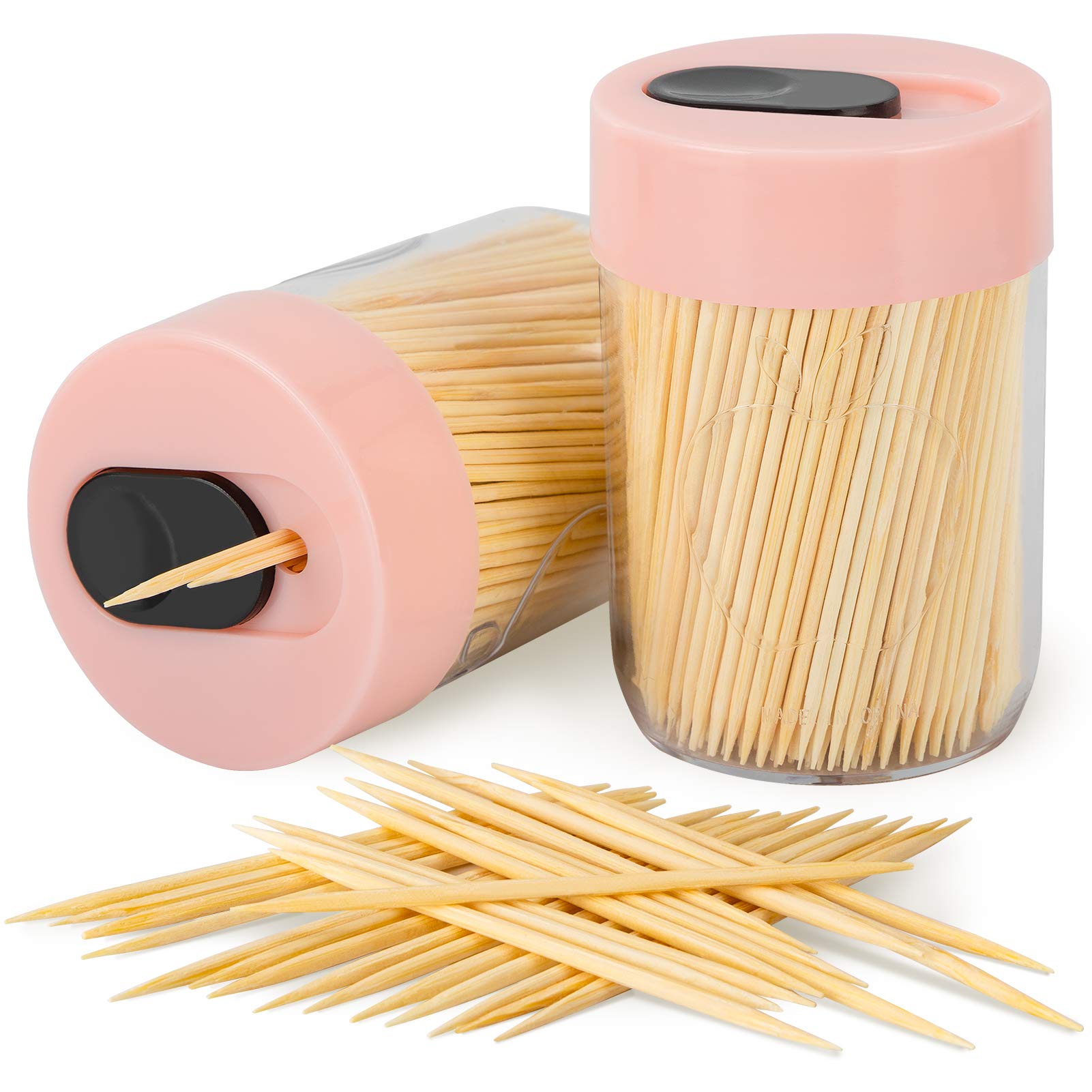 Urbanstrive Sturdy Safe Toothpick Holder with 800 Natural Wood Toothpicks for Teeth Cleaning, Unique Home Design Decoration, 2 Pack, Pink