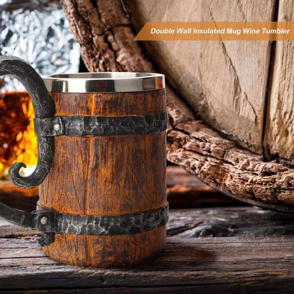 ZPENG Wine Tumbler Beer Cup,Retro Resin Simulation Crude Barrel Stainless Steel Double Wall Insulated Wood Mug Drinkware