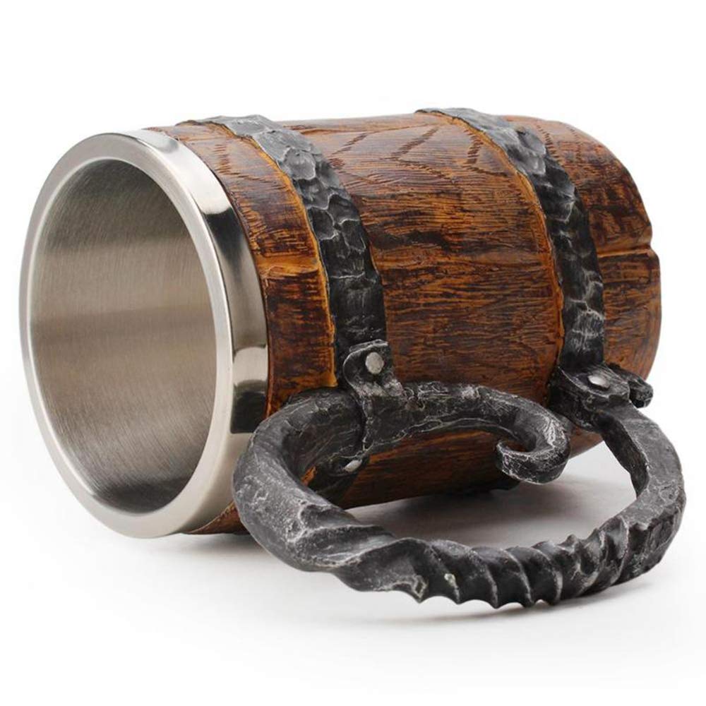 ZPENG Wine Tumbler Beer Cup,Retro Resin Simulation Crude Barrel Stainless Steel Double Wall Insulated Wood Mug Drinkware
