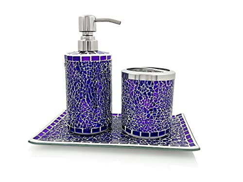 LushAccents Bathroom Accessories Set, 5-Piece Decorative Glass Bathroom Accessories Set, Soap Dispenser, Soap Tray, Vanity Tray, Jar, Toothbrush Holder, Elegant Lavender Mosaic Glass