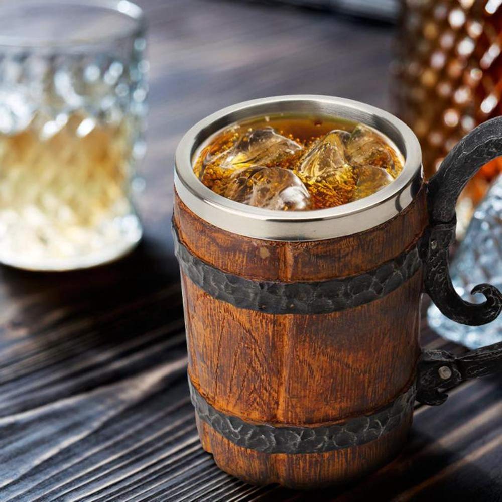 ZPENG Wine Tumbler Beer Cup,Retro Resin Simulation Crude Barrel Stainless Steel Double Wall Insulated Wood Mug Drinkware