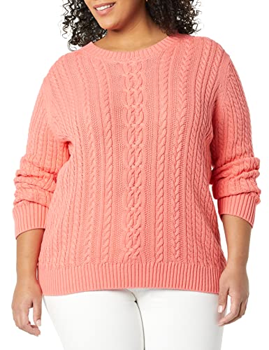 Amazon Essentials Women's Fisherman Cable Long-Sleeve Crewneck Sweater (Available in Plus Size), Coral Pink, Large