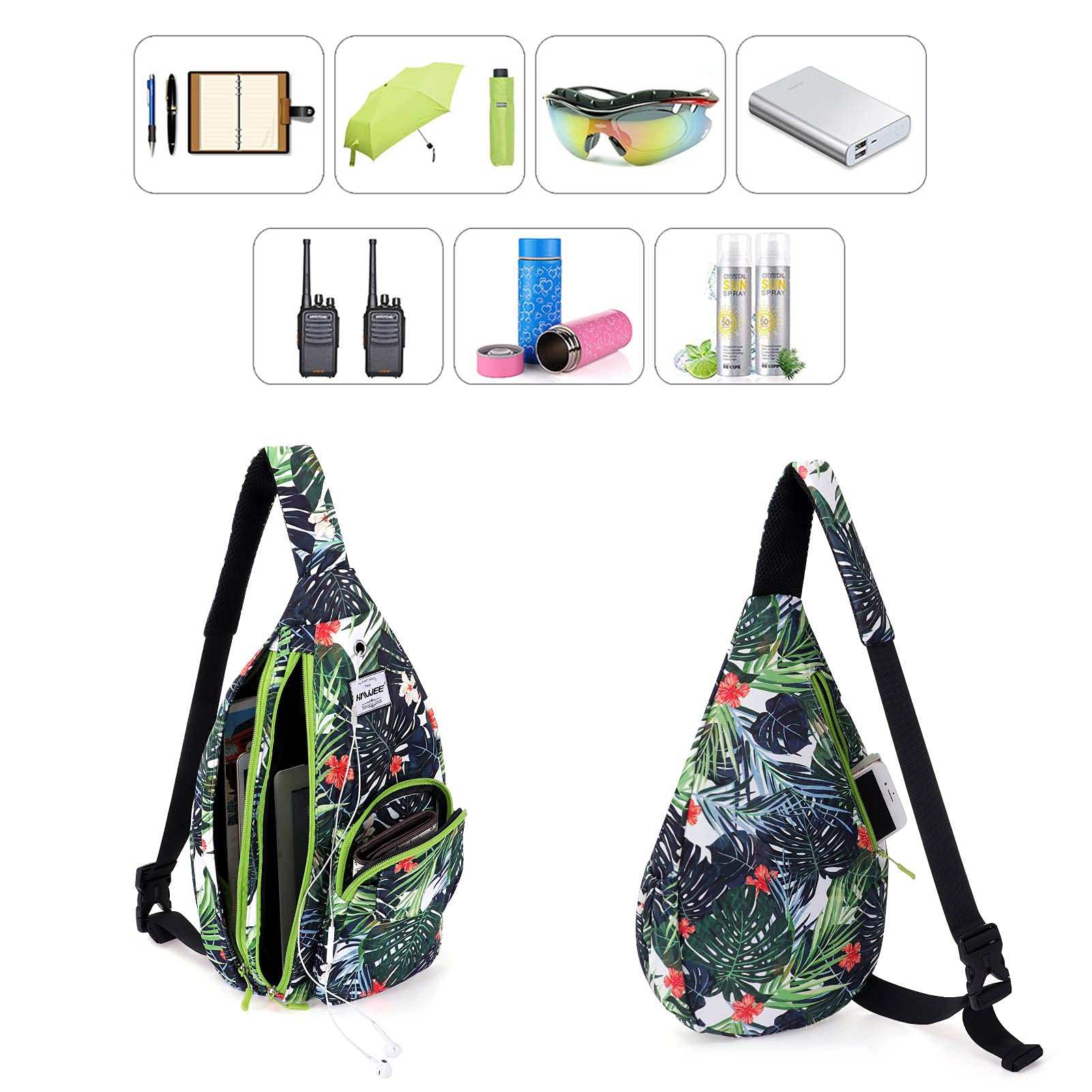 HAWEE Rope Sling Bag for Women Men Casual Cross Body Daypack Backpack Adjustable Strap with Side Pocket Anti-theft for Travel/Sport, Green Leaf