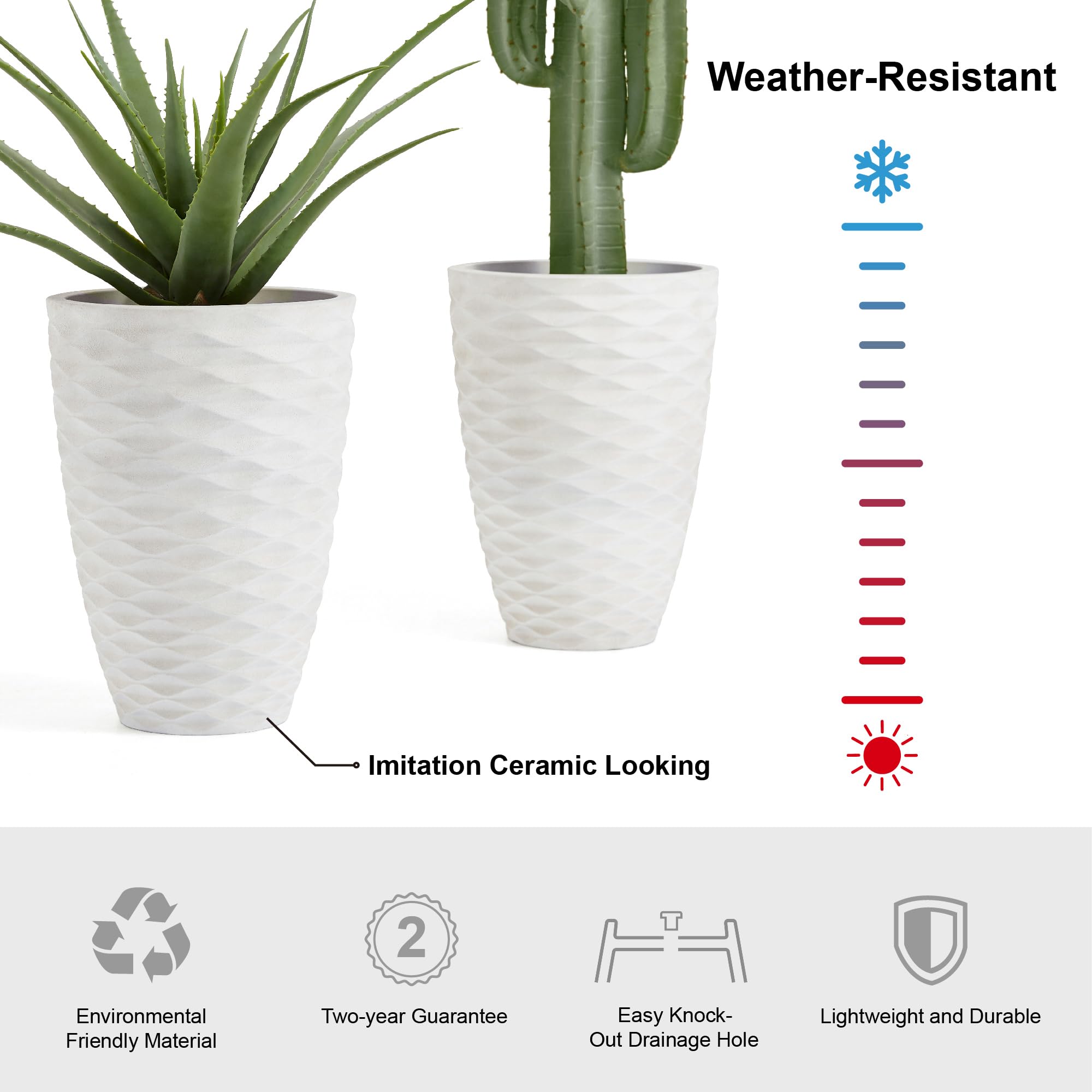 Glitzhome Outdoor Polyresin Planter Set of 2, Modern Decor Large Tall Gardening Containers Flower Pots, Sand Beige