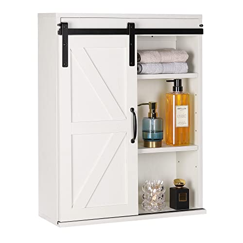 RUSTOWN Farmhouse Wood Wall Storage Bathroom Cabinet with Sliding Barn Door, Rustic Medicine Cabinet with Adjustable Shelf, 3-Tier Vintage Cabinet for Kitchen, Bathroom, Living Room (Vintage White)