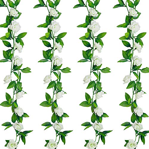 LikSoor 4 Pcs 28Ft Flower Garland White Fake Roses Vines Bedroom Aesthetic Spring Summer Hanging Artificiales para Decoracion for Room,Tea Party,Wedding Arch Decor…