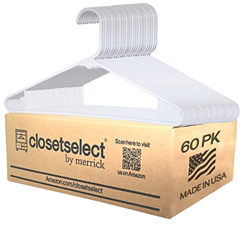 60 Pack White Plastic Hangers Made in USA with Bar Hooks, for All Clothing Types, Closet Organizer, 60 Pk Lightweight Standard Tubular Hanger Notch Less for Organizing