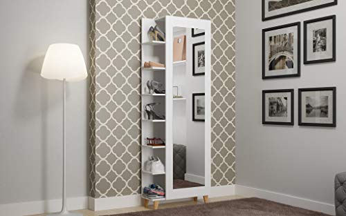 Manhattan Comfort Minetta Mid Century Modern 7-Shelf Shoe Closet with Mirror, 74.4", White