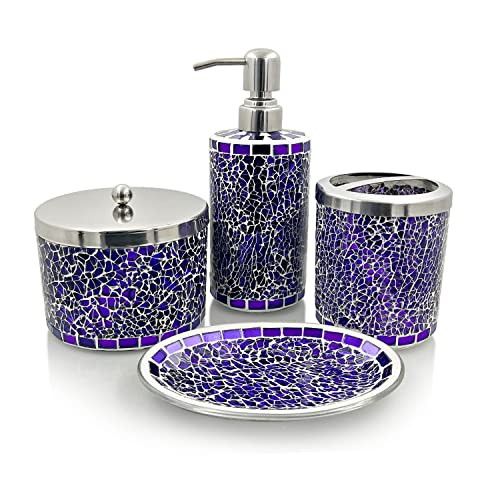 LushAccents Bathroom Accessories Set, 5-Piece Decorative Glass Bathroom Accessories Set, Soap Dispenser, Soap Tray, Vanity Tray, Jar, Toothbrush Holder, Elegant Lavender Mosaic Glass