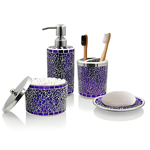 LushAccents Bathroom Accessories Set, 5-Piece Decorative Glass Bathroom Accessories Set, Soap Dispenser, Soap Tray, Vanity Tray, Jar, Toothbrush Holder, Elegant Lavender Mosaic Glass