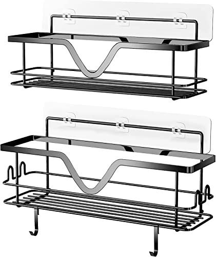 SIXDOVE Shower Caddies 2 PACK - No Drilling Adhesive Shower Organizer with Hooks, Rustproof SUS304 Stainless Steel Bathroom Shower Shelf, Shower Rack Large Shower Holder & Kitchen Storage(Matte Black)