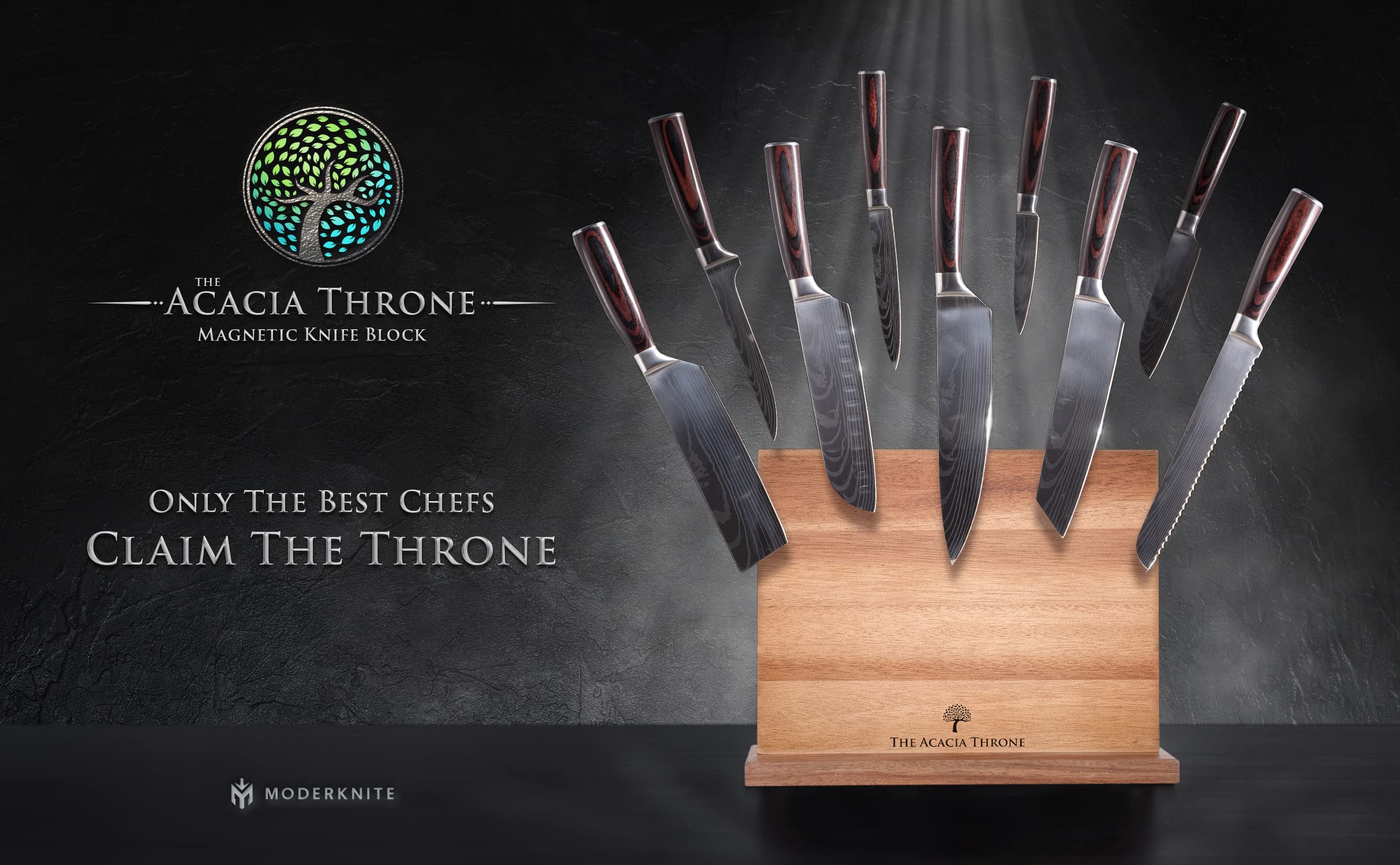 4-PC Magnetic Knife Block Set – Acacia Wood Magnetic Knife Holder Stand with Sharpener, Knife Tips & Finger Guard in Gift Box – Double Sided Magnetic Knife Stand – Pre-Assembled by MODERKNITE [2023]