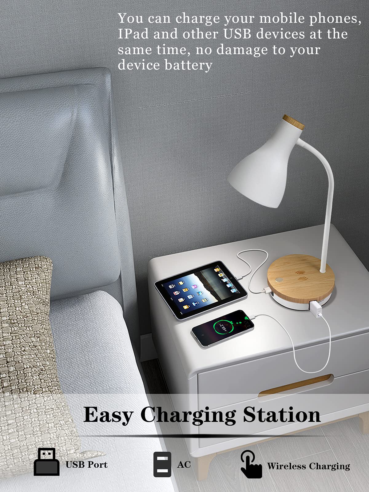 Metal Desk Lamp Wireless Charging Table Lamp Touch Reading Lights Arc Desk Lamps for Bedroom, 3 Way Dimmable Bedside Lamp with USB Charging Ports Lamp for Study Room and Office (White)