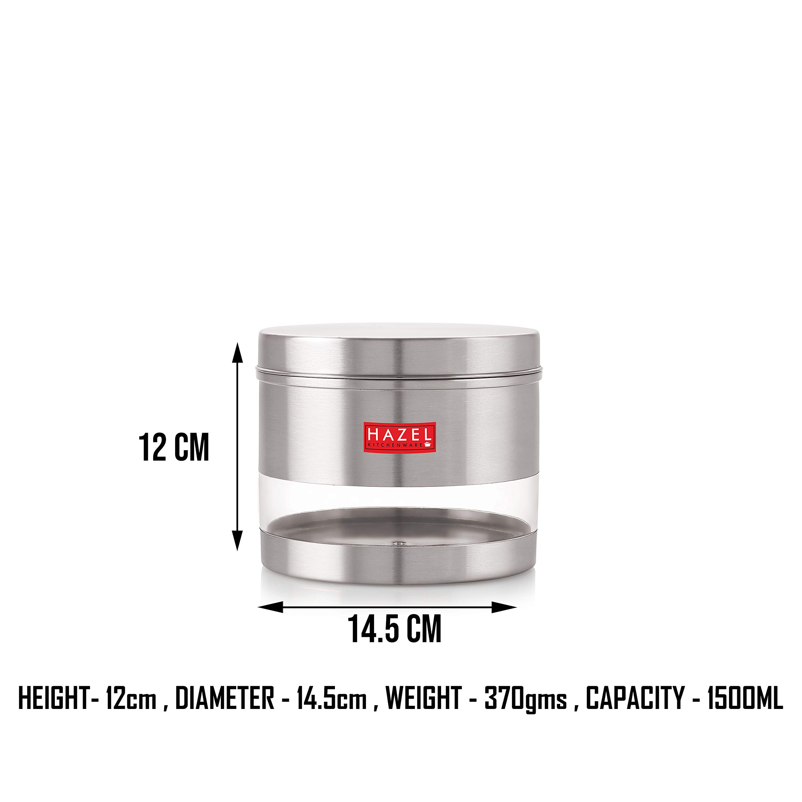 HAZEL Stainless Steel Containers Set For Kitchen Storage Transparent See Through Matt Finish Storage Dabba Jars, Set of 4, 1500 ML Each, Silver