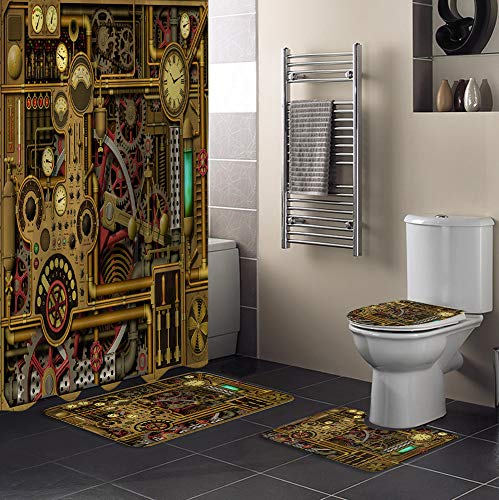 OneHoney 4 Piece Shower Curtain Sets with Non-Slip Rugs, Era Steampunk and Gear Bathroom Curtains Waterproof, Dashboards and Instruments Decor Doormat, Toilet Lid Cover and Bath Mat