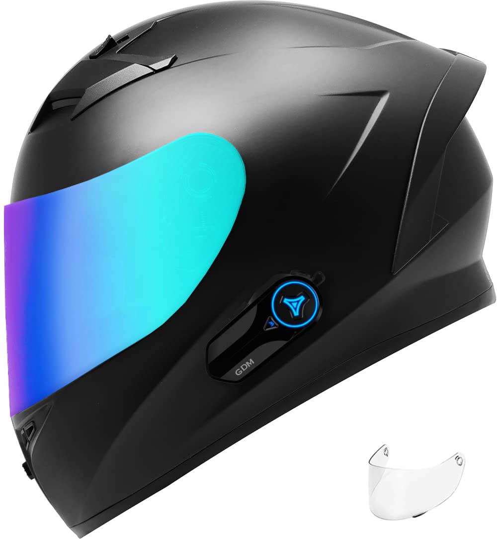 GDM VENOM Motorcycle Helmet with GDM HYPERSONIC Bluetooth Intercom Matte Black (Iridium & Clear Shields, Large)