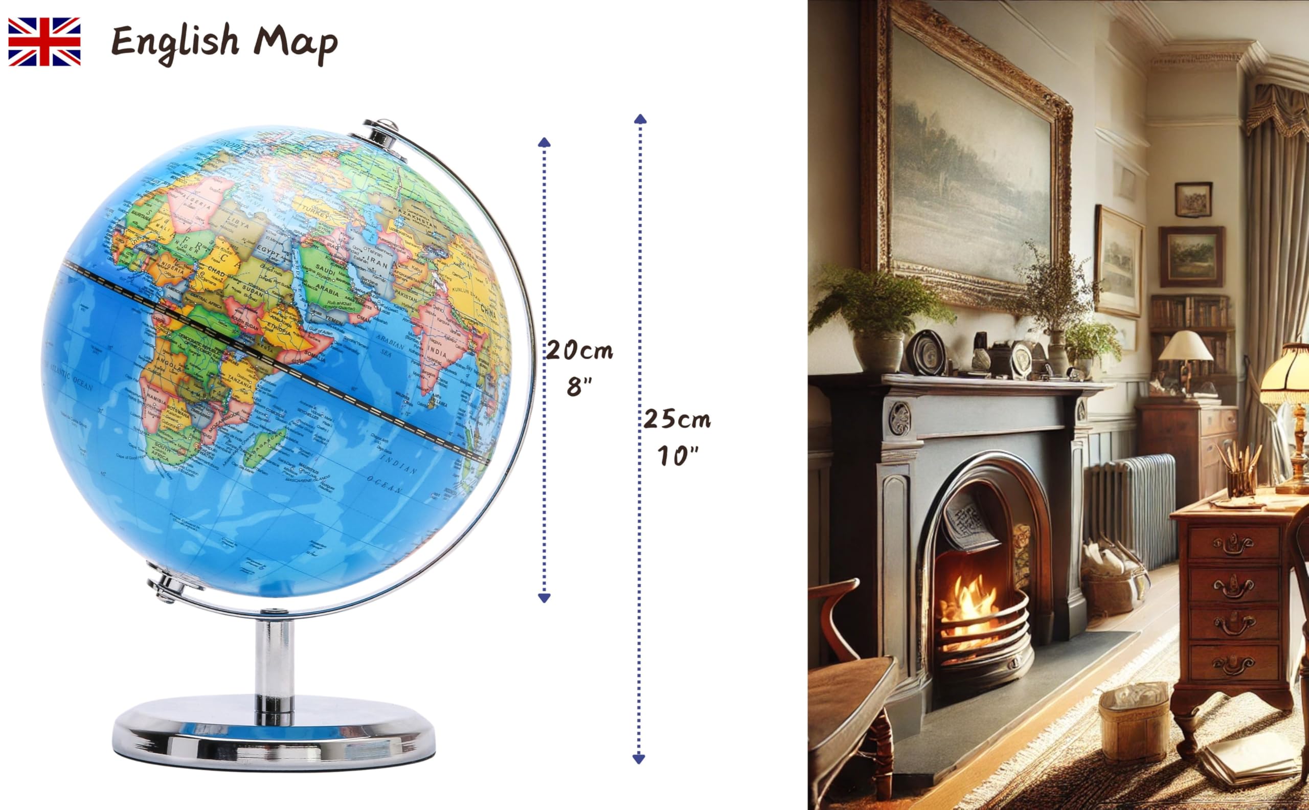 Exerz 8" World Globe Political Map - Educational Geographic Globe - Stainless Steel Arc and Base