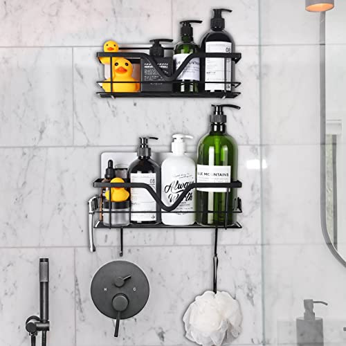 SIXDOVE Shower Caddies 2 PACK - No Drilling Adhesive Shower Organizer with Hooks, Rustproof SUS304 Stainless Steel Bathroom Shower Shelf, Shower Rack Large Shower Holder & Kitchen Storage(Matte Black)