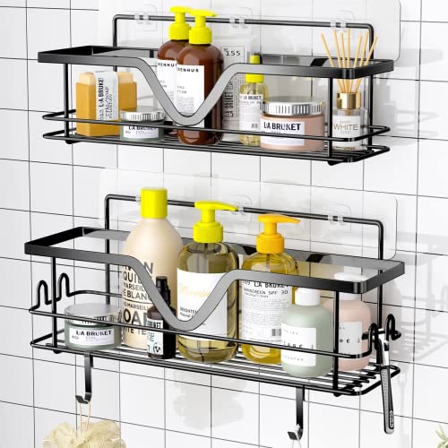 SIXDOVE Shower Caddies 2 PACK - No Drilling Adhesive Shower Organizer with Hooks, Rustproof SUS304 Stainless Steel Bathroom Shower Shelf, Shower Rack Large Shower Holder & Kitchen Storage(Matte Black)