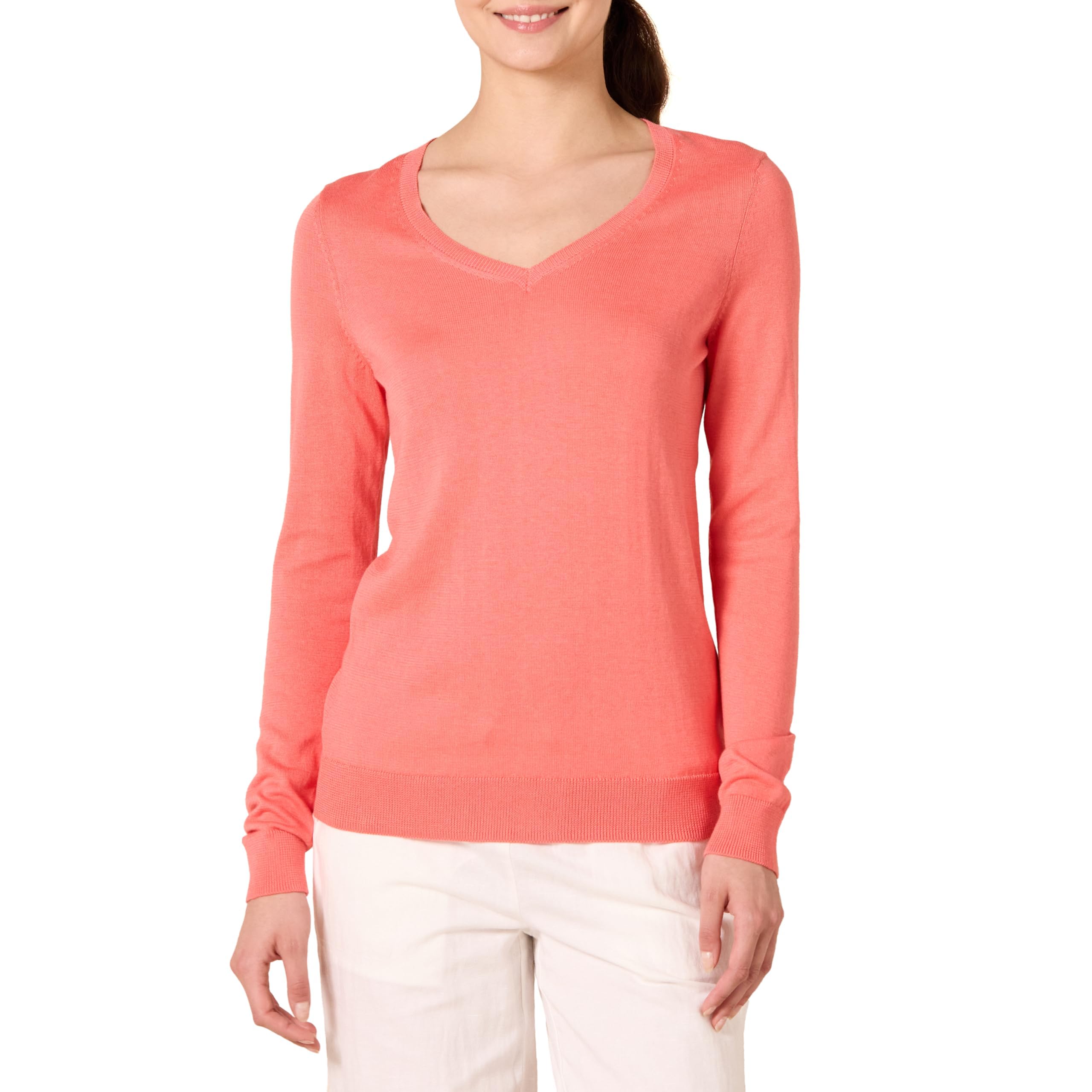 Amazon Essentials Women's Classic-Fit Lightweight Long-Sleeve V-Neck Sweater (Available in Plus Size), Coral Pink, Large