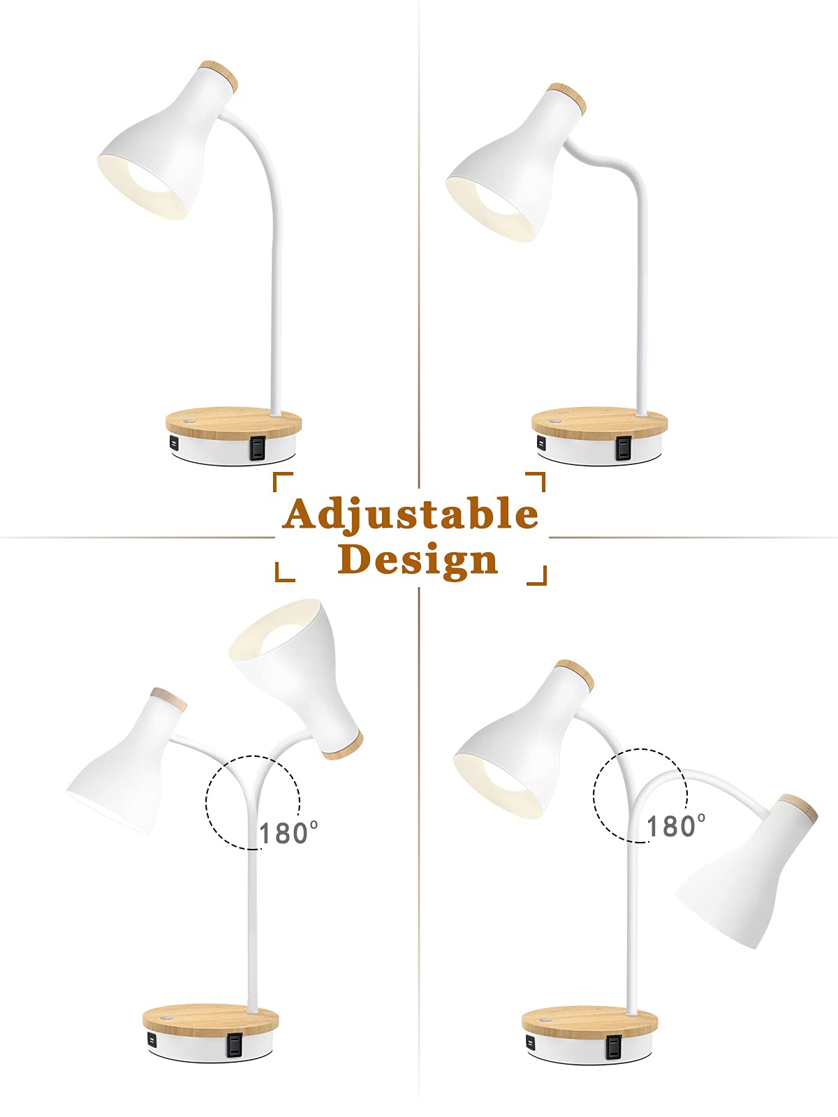Metal Desk Lamp Wireless Charging Table Lamp Touch Reading Lights Arc Desk Lamps for Bedroom, 3 Way Dimmable Bedside Lamp with USB Charging Ports Lamp for Study Room and Office (White)