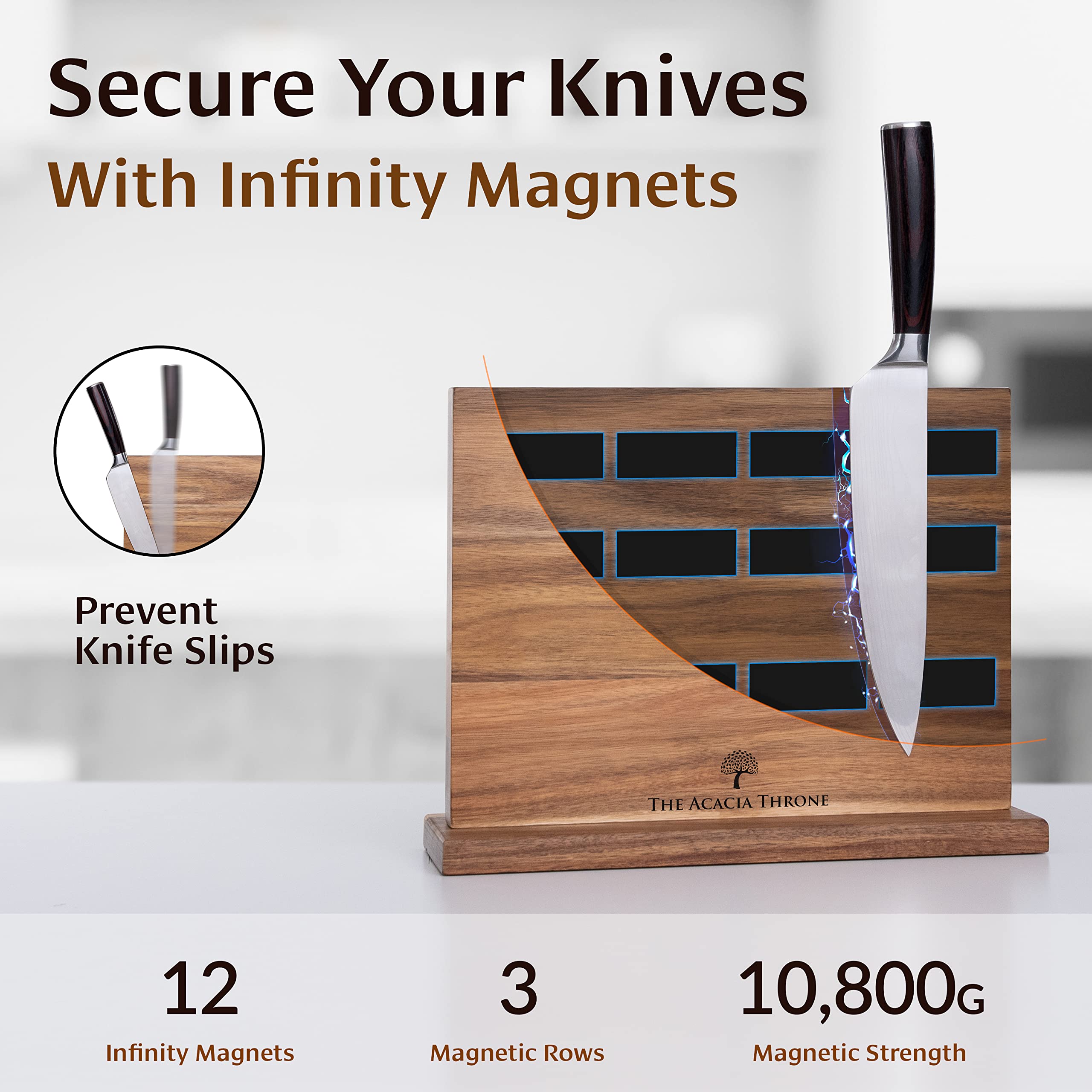 4-PC Magnetic Knife Block Set – Acacia Wood Magnetic Knife Holder Stand with Sharpener, Knife Tips & Finger Guard in Gift Box – Double Sided Magnetic Knife Stand – Pre-Assembled by MODERKNITE [2023]