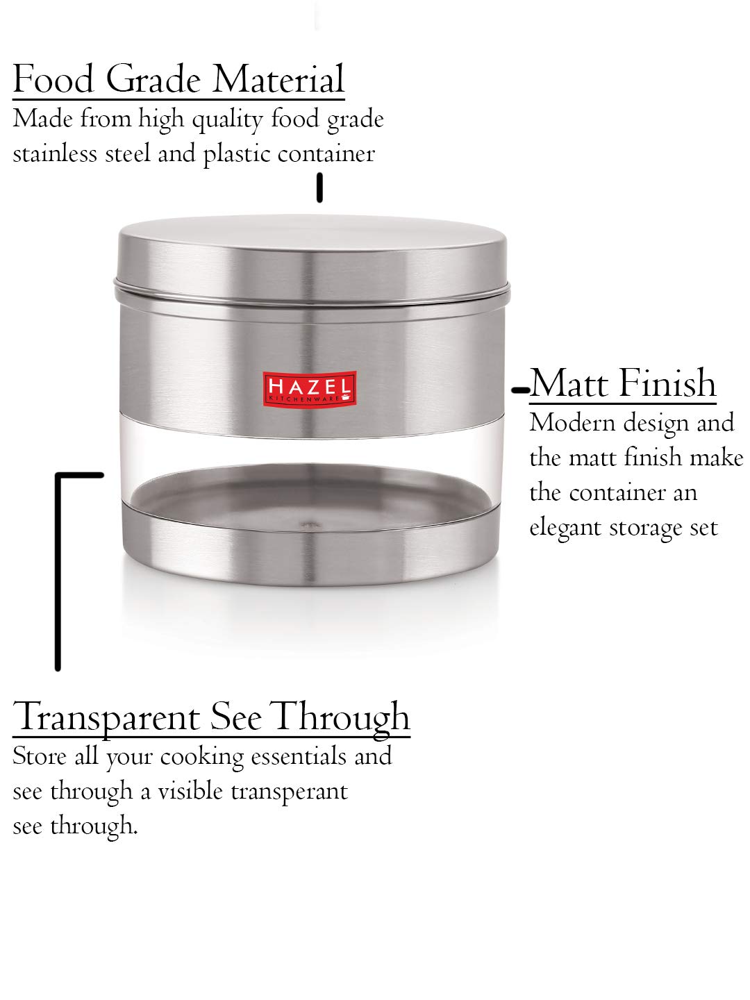 HAZEL Stainless Steel Containers Set For Kitchen Storage Transparent See Through Matt Finish Storage Dabba Jars, Set of 4, 1500 ML Each, Silver