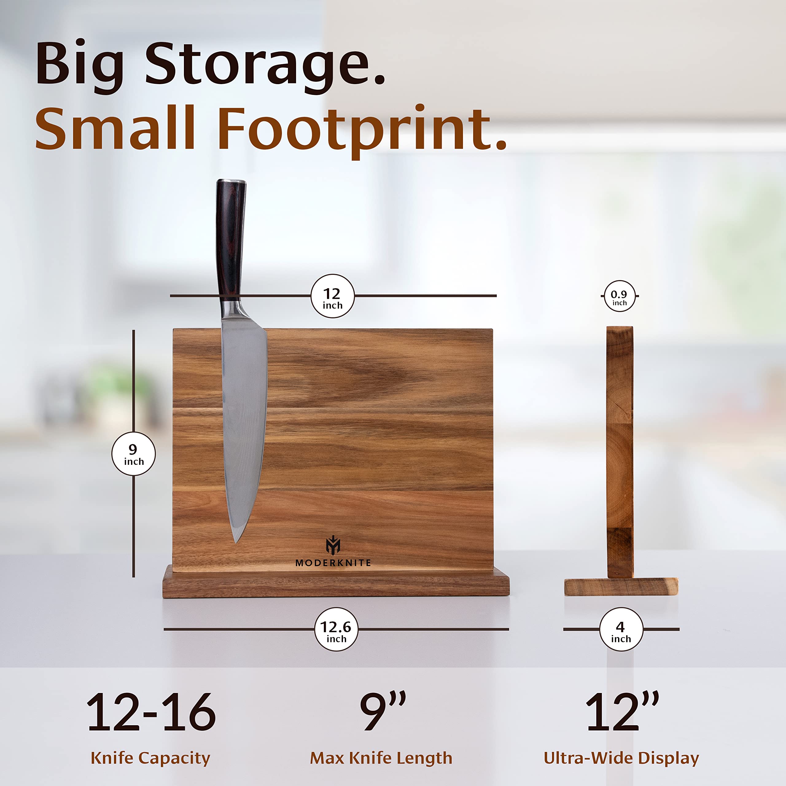4-PC Magnetic Knife Block Set – Acacia Wood Magnetic Knife Holder Stand with Sharpener, Knife Tips & Finger Guard in Gift Box – Double Sided Magnetic Knife Stand – Pre-Assembled by MODERKNITE [2023]