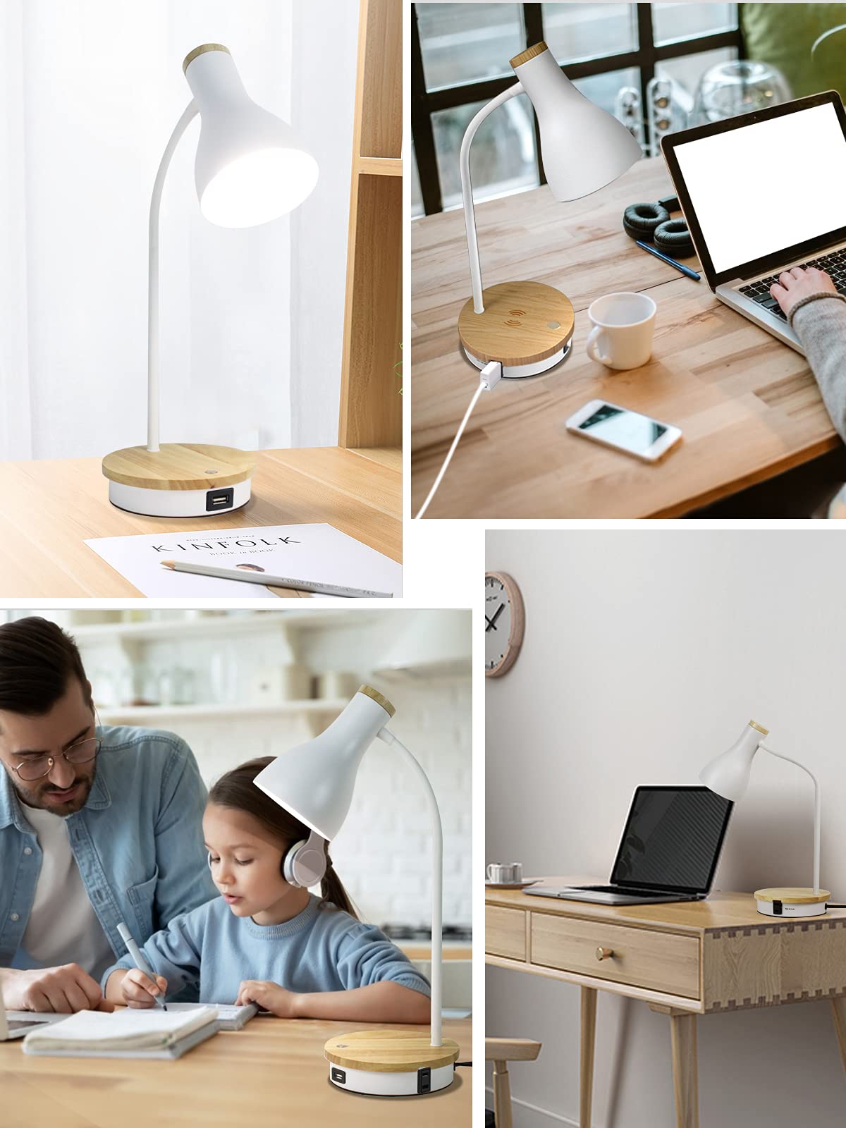 Metal Desk Lamp Wireless Charging Table Lamp Touch Reading Lights Arc Desk Lamps for Bedroom, 3 Way Dimmable Bedside Lamp with USB Charging Ports Lamp for Study Room and Office (White)