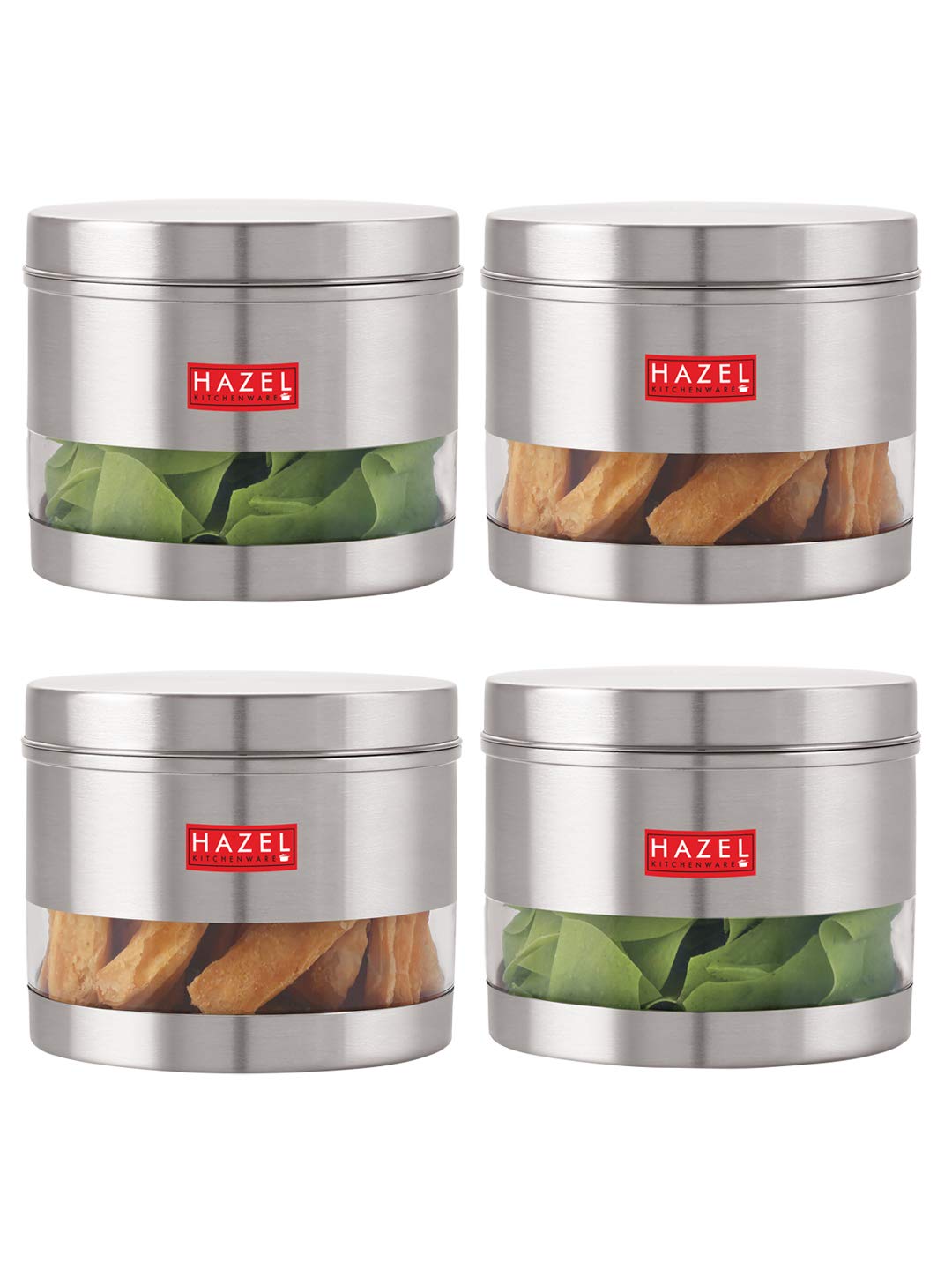HAZEL Stainless Steel Containers Set For Kitchen Storage Transparent See Through Matt Finish Storage Dabba Jars, Set of 4, 1500 ML Each, Silver