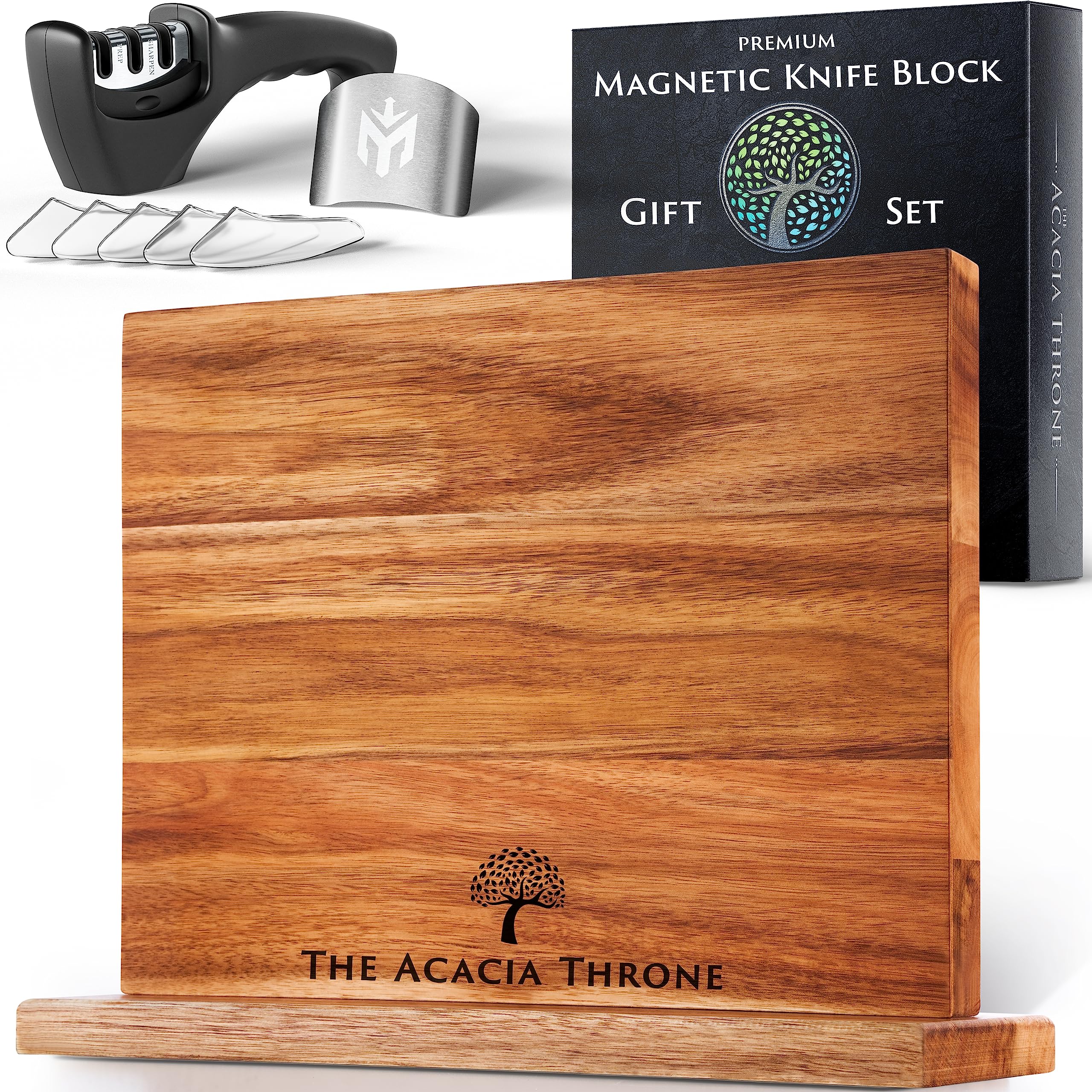 4-PC Magnetic Knife Block Set – Acacia Wood Magnetic Knife Holder Stand with Sharpener, Knife Tips & Finger Guard in Gift Box – Double Sided Magnetic Knife Stand – Pre-Assembled by MODERKNITE [2023]