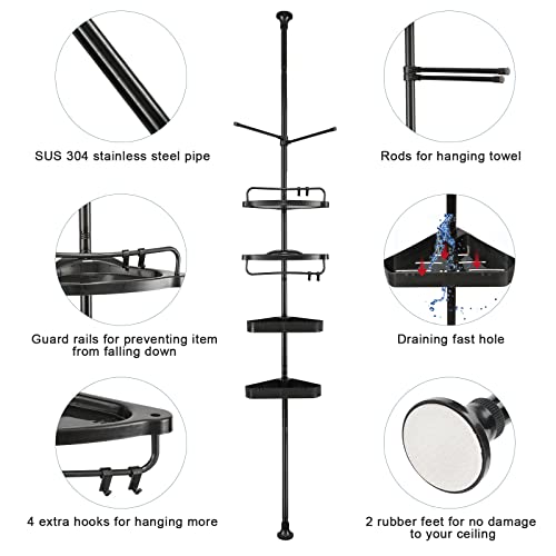 Corner Shower Caddy Tension Pole - Shower Organizer Tension Pole with 4 Shelves,Rust Resistant Stand Tension Rod Shower Caddy for Bathtub,Bathroom,RV,Kitchen Storage - Black,54-114” Adjustable