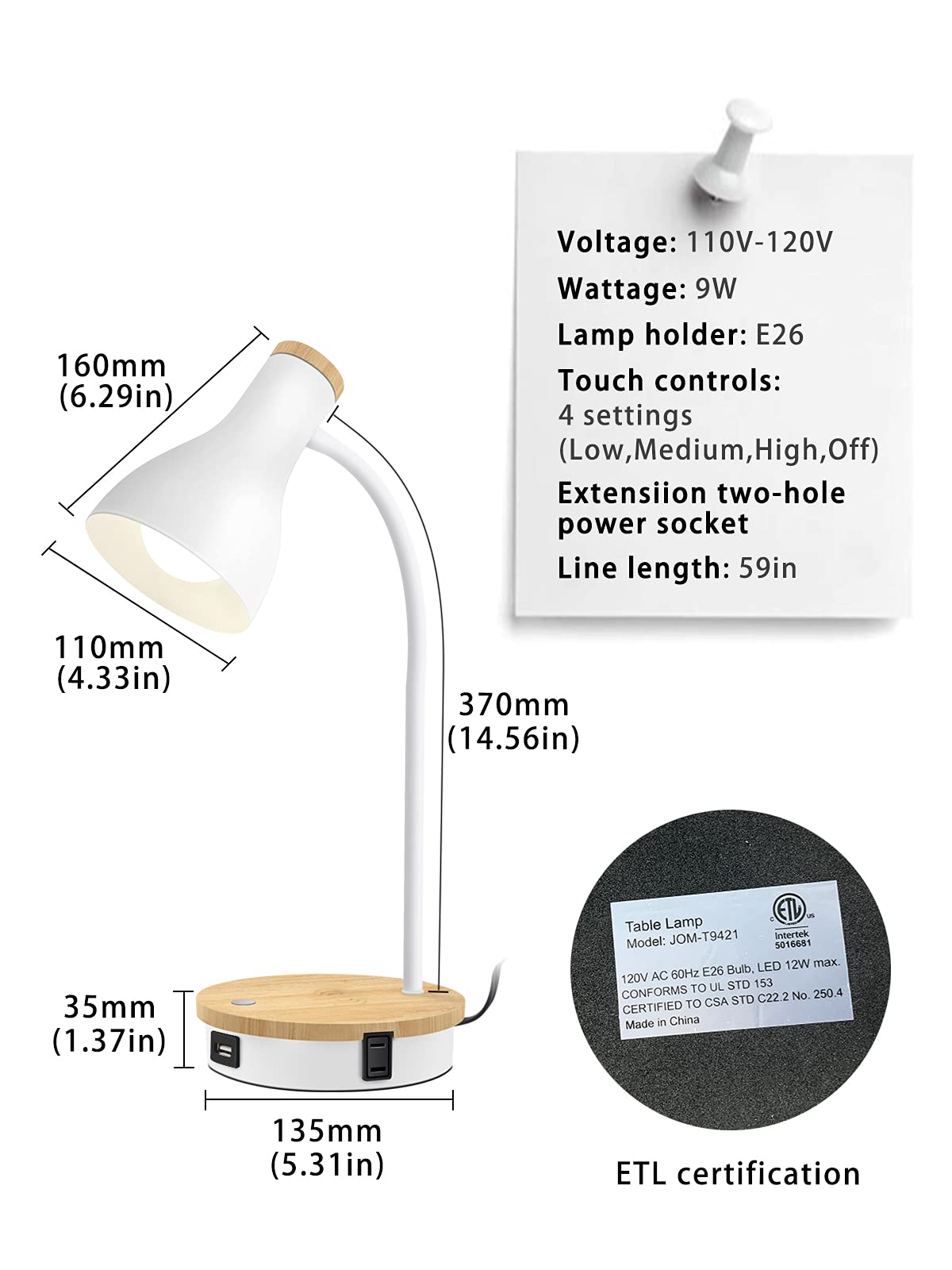 Metal Desk Lamp Wireless Charging Table Lamp Touch Reading Lights Arc Desk Lamps for Bedroom, 3 Way Dimmable Bedside Lamp with USB Charging Ports Lamp for Study Room and Office (White)