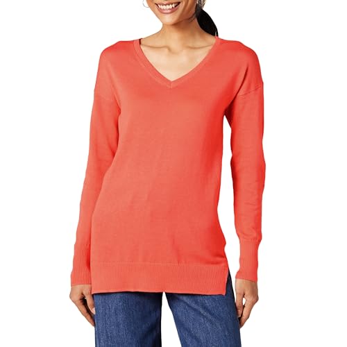 Amazon Essentials Women's Lightweight Long-Sleeve V-Neck Tunic Sweater (Available in Plus Size), Coral Pink, Medium