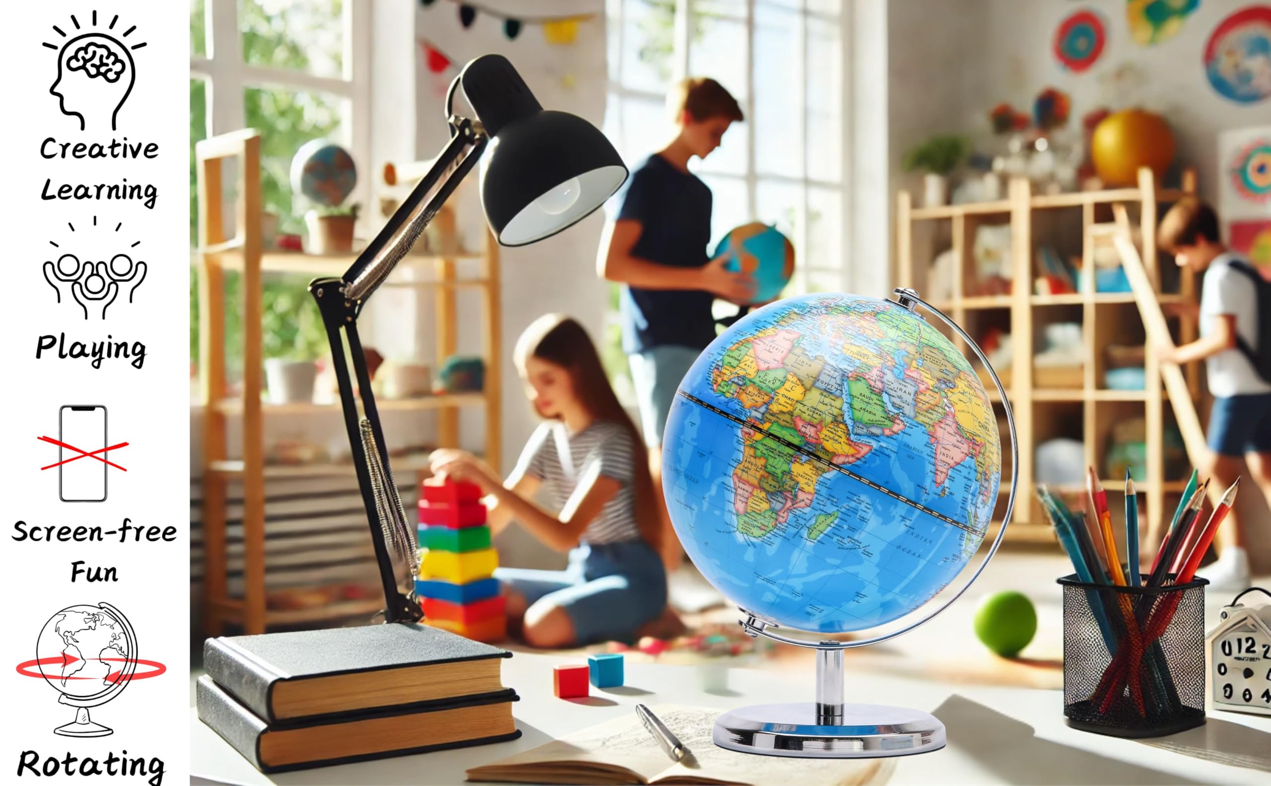Exerz 8" World Globe Political Map - Educational Geographic Globe - Stainless Steel Arc and Base