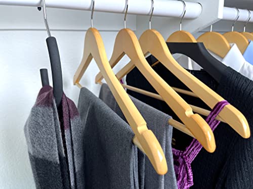 Wooden Hangers 20 Pack- Extras Included- 5 Shoulder Shapers - 2 Bag or Scarf Hangers- 3 Hanger Options in 1 Box- Non-Slip Pants Bar, Rotating Hook, Rounded Notches- Great Suit Hangers- 27 Total Pieces