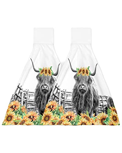 2PCS Hand Tie Towels for Bathroom Kitchen-Farm Highland Cow Sunflowers Decor Hanging Towel Tea Bar Dish Cloth Soft Coral Fleece Absorbent Washcloth,Black White Animals