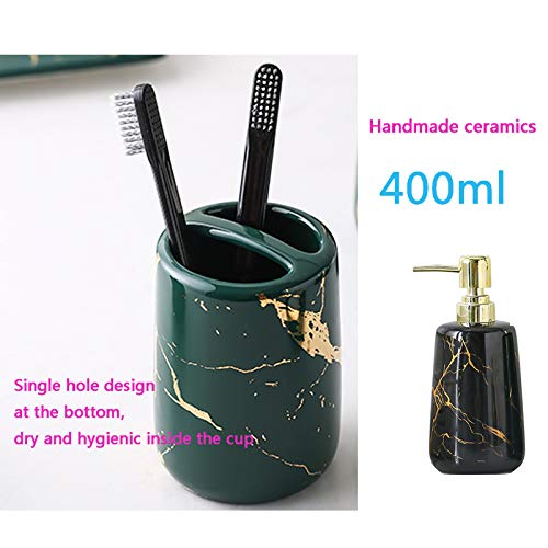 BREFIO Soap Dispenser Set,Contains Toothbrush Cup, Tray, Mouthwash Cup,Aromatherapy Combination ,soap Dish,7 Piece Ark Green Ceramics Soap Dispenser Set,Bath Accessories Set,Set in Marble Look, Whit
