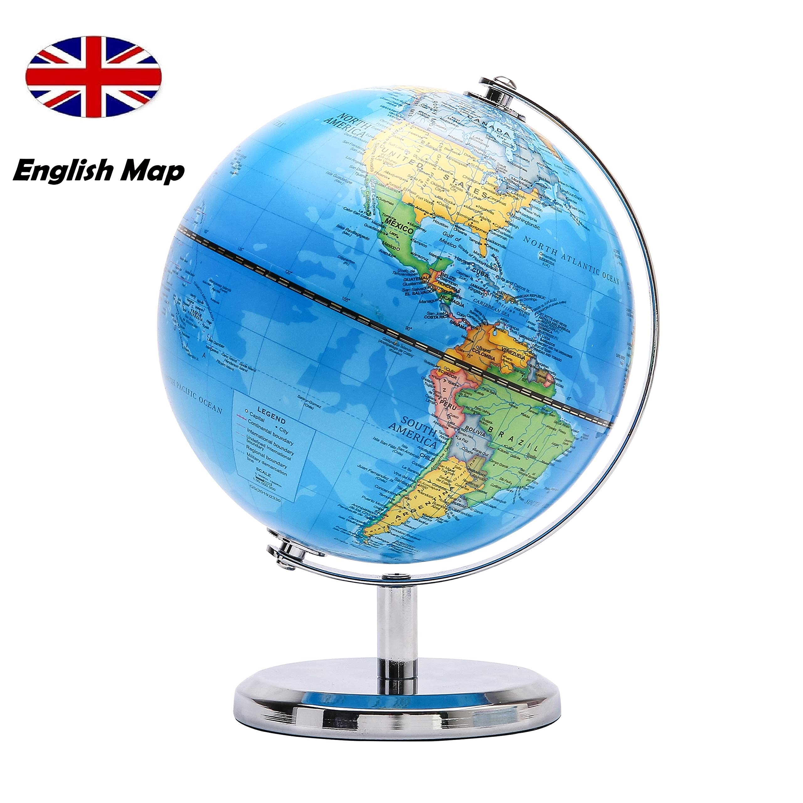 Exerz 8" World Globe Political Map - Educational Geographic Globe - Stainless Steel Arc and Base